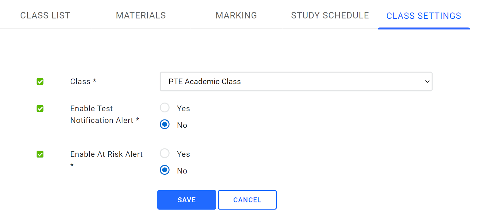My Classes - Class Settings