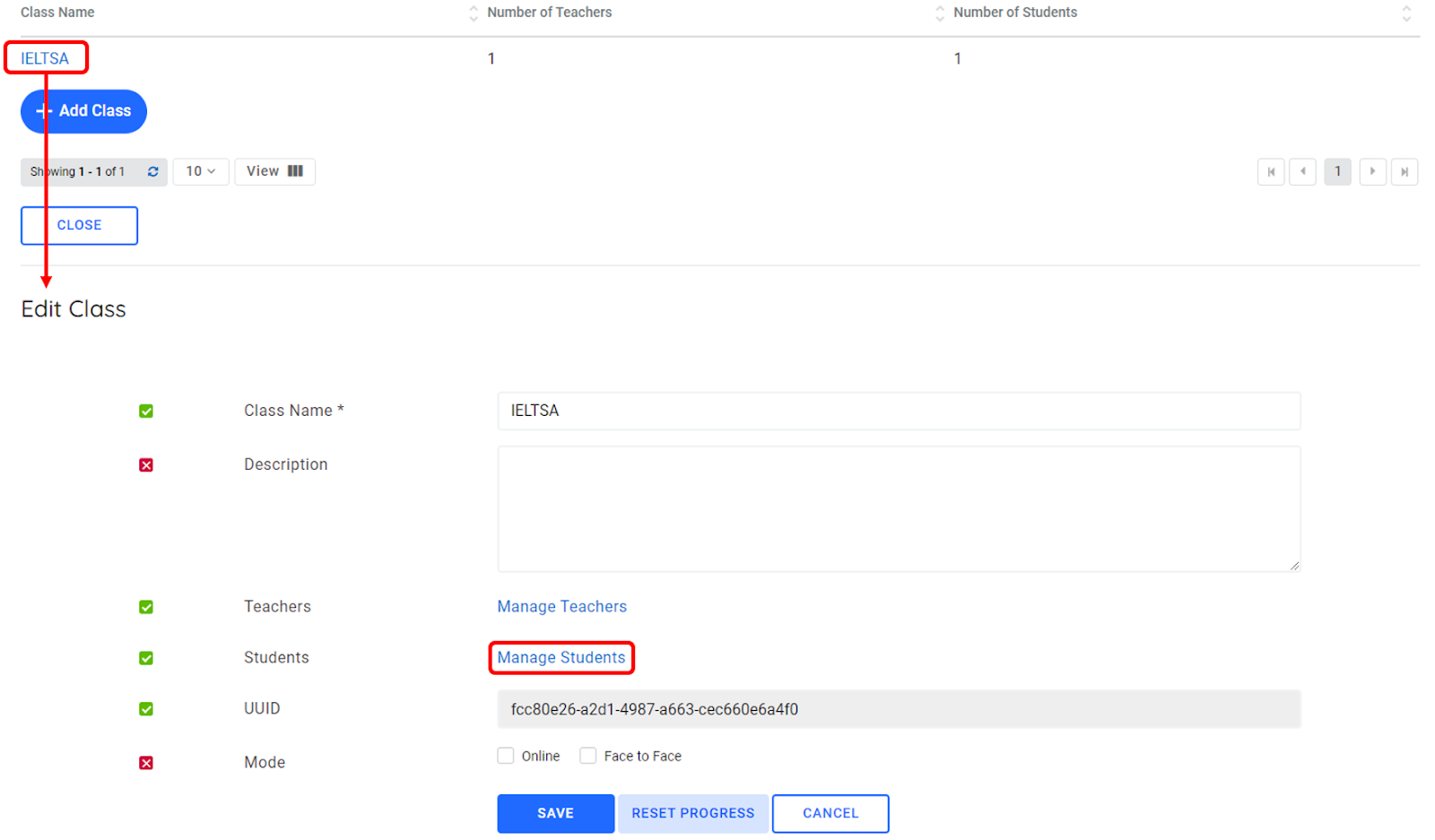 Manage Classes - Admin